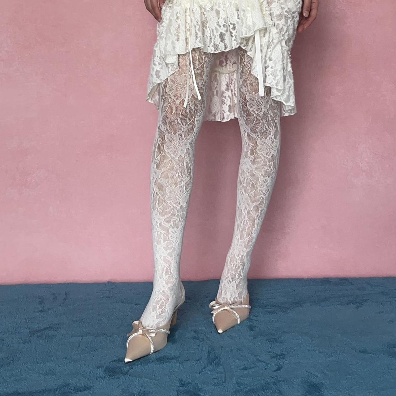 White Floral Pattern Tights One size, suits... - Depop