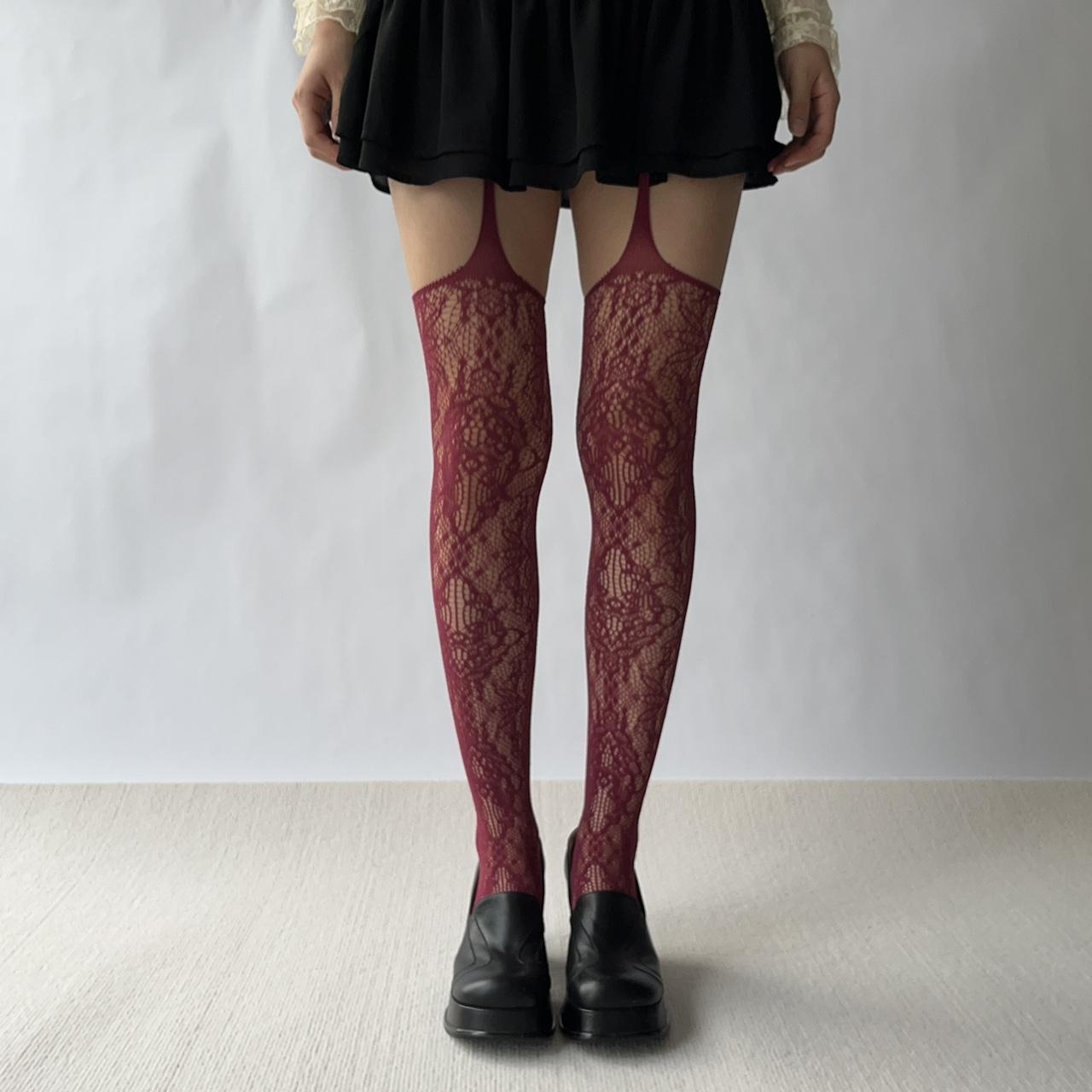 Red Floral Pattern Stockings with Suspender One... - Depop