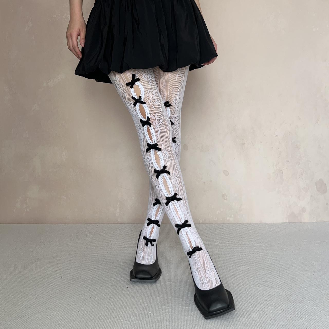 Black Velvet Bow White Cut-out Fishnet Tights One... - Depop