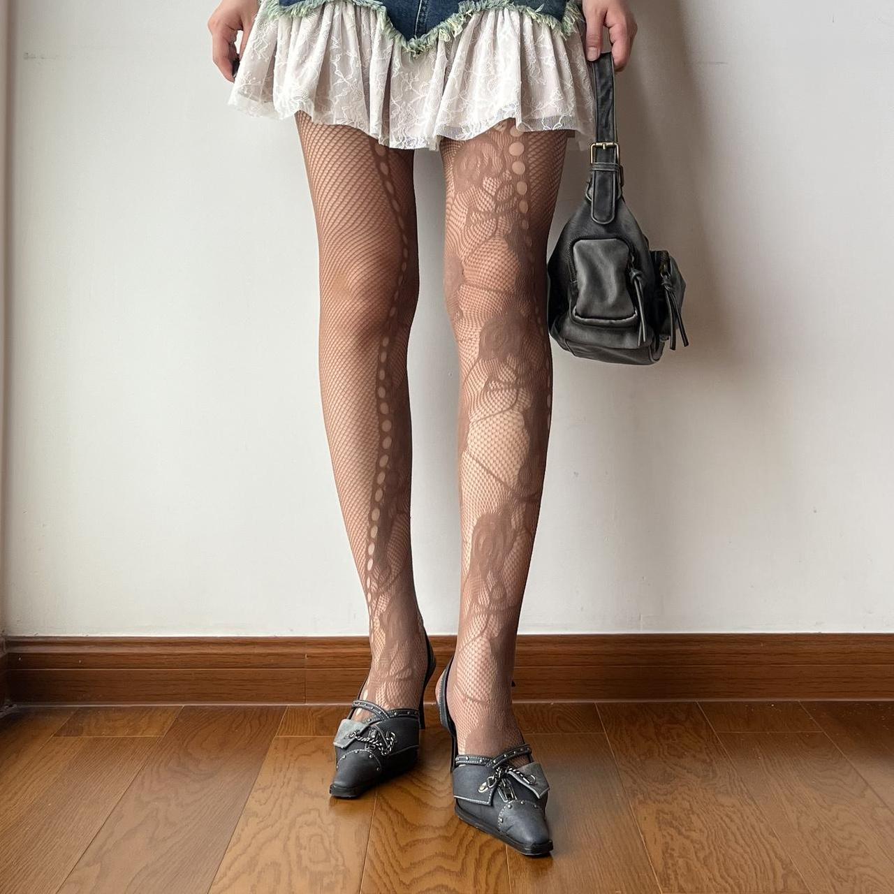 Brown Floral Pattern Tights One size, suit for... - Depop