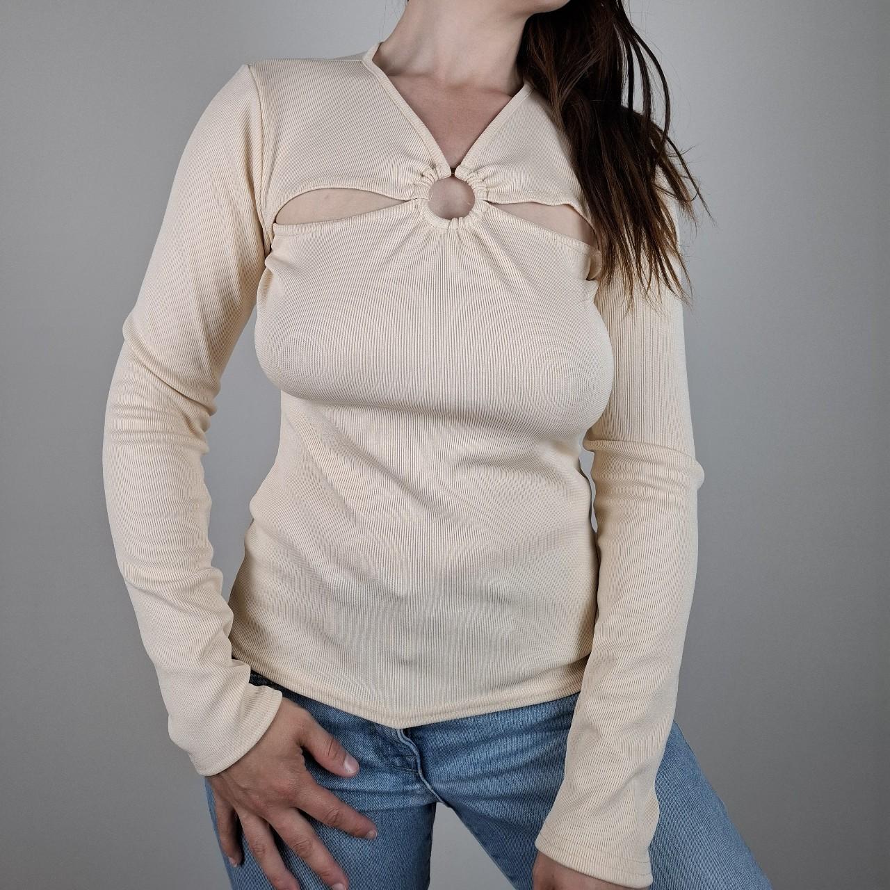 Cream Long Sleeve Top Long sleeve top with ribbed... - Depop
