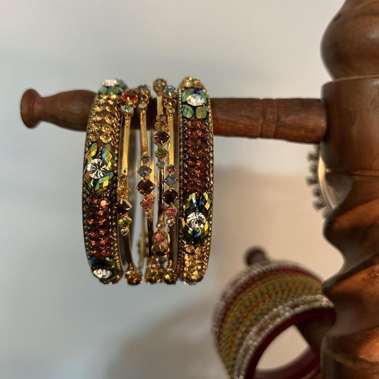 Gold plated- multi-coloured rhinestone bangles... - Depop