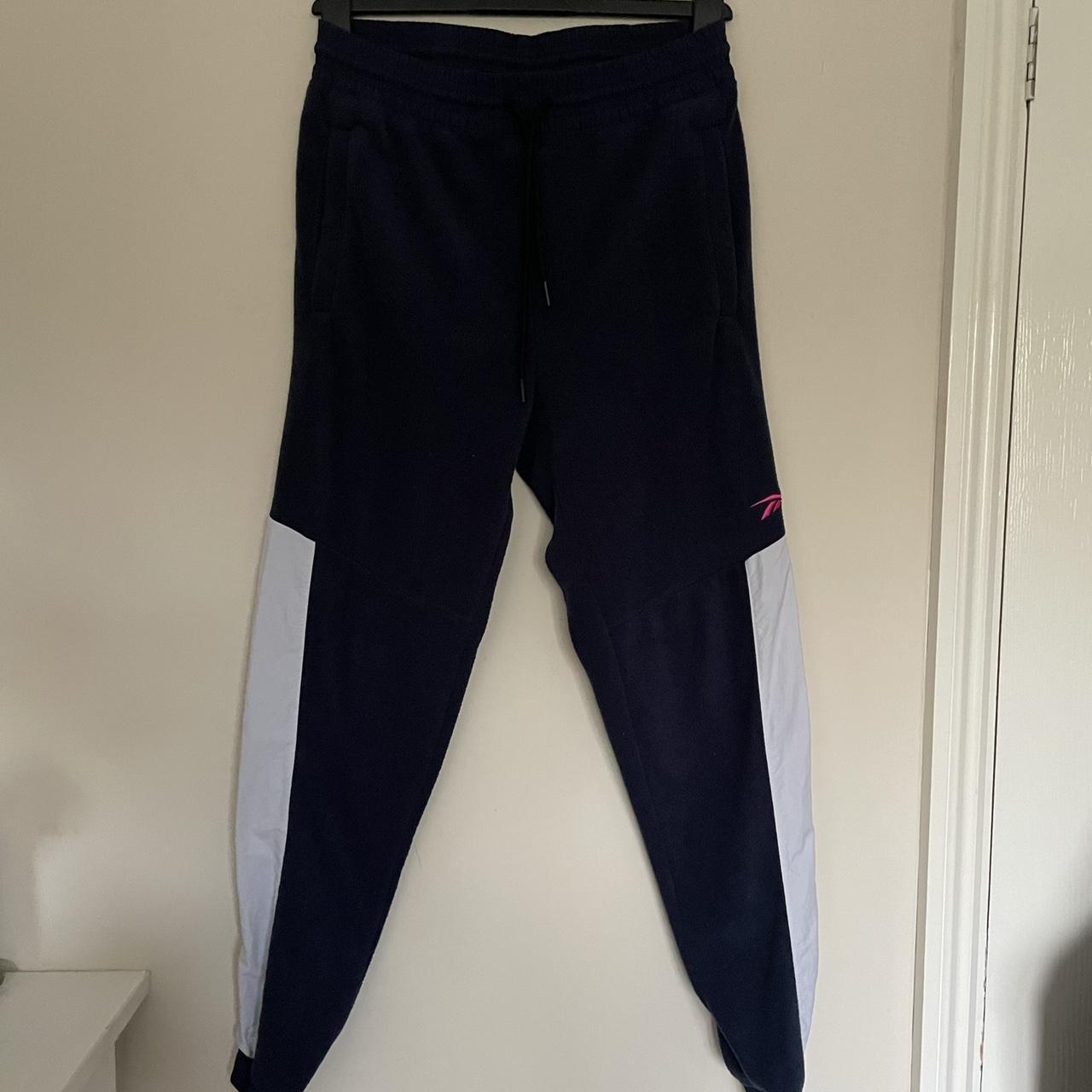 Vintage Navy Fleece Reebok Skinny Trackies with... - Depop