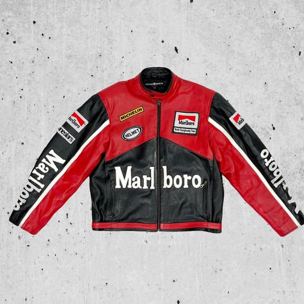 Marlboro Red and Black Racing Leather Jacket,... - Depop