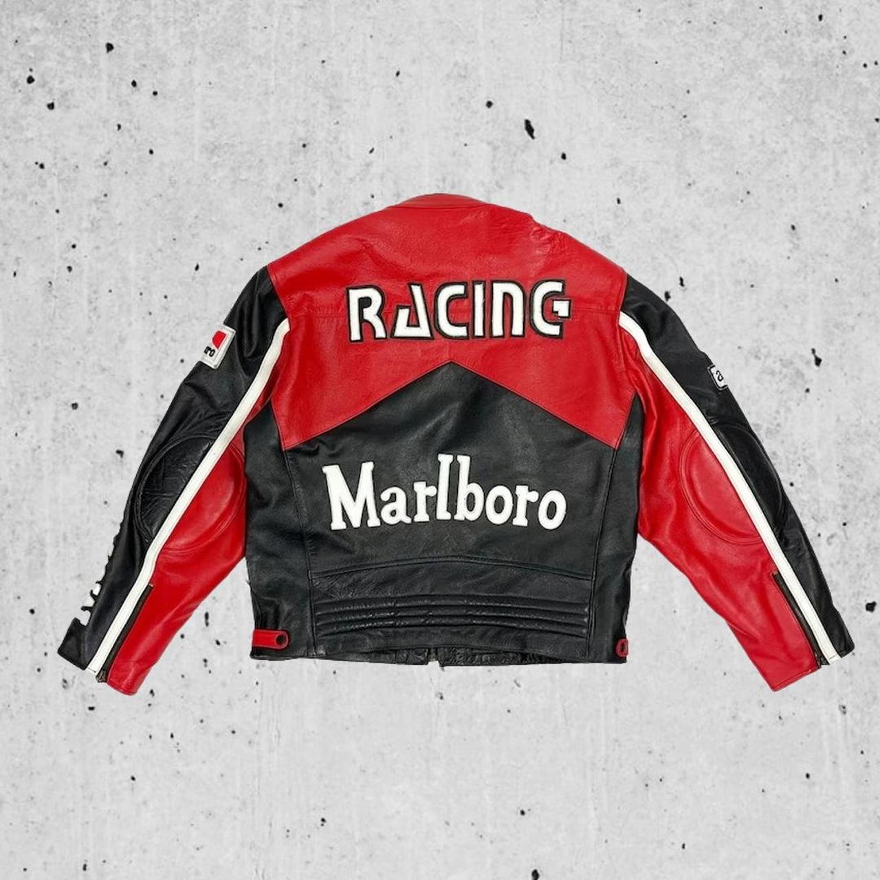 Marlboro Red and Black Racing Leather Jacket,... - Depop