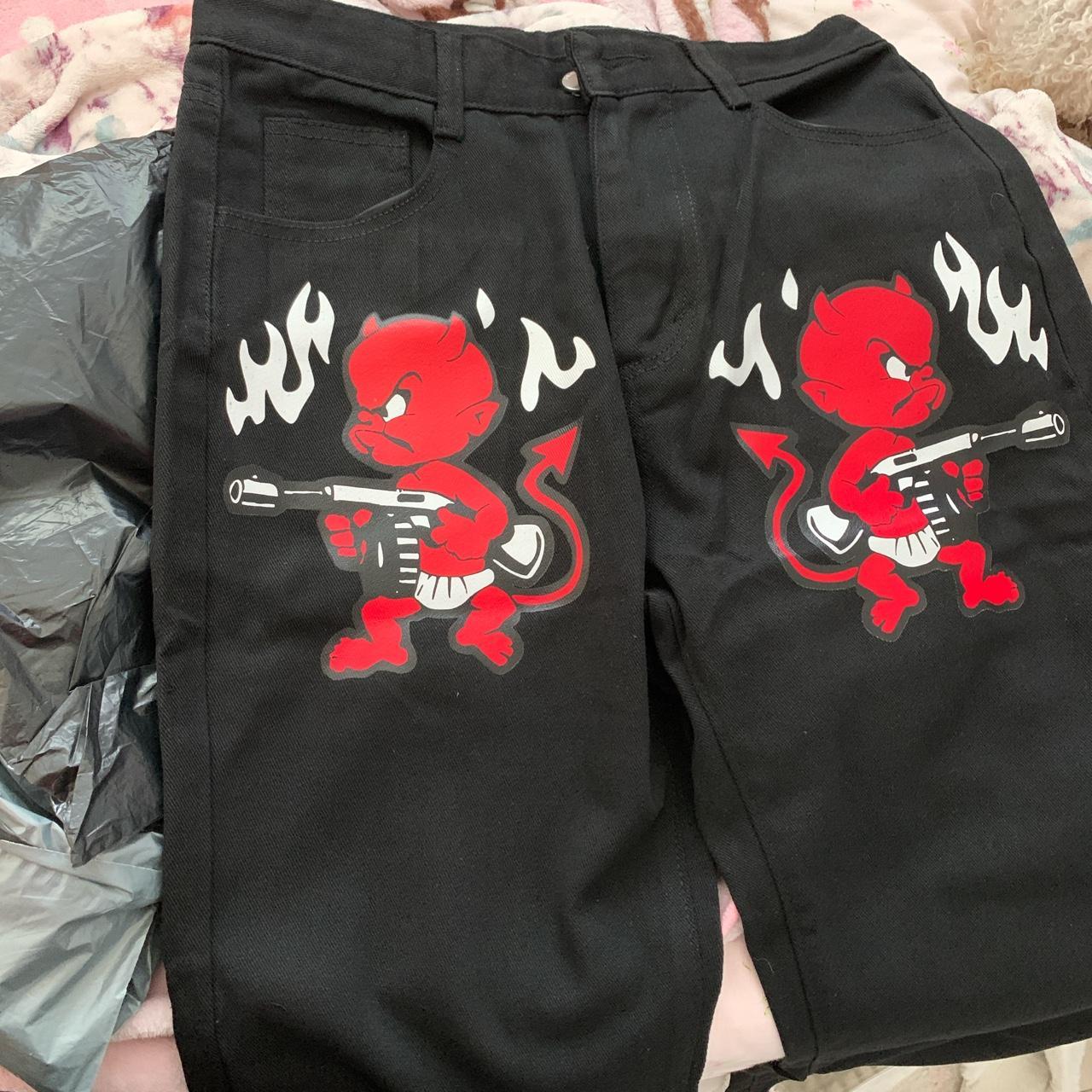 Cool pants with demon print and flames No... - Depop