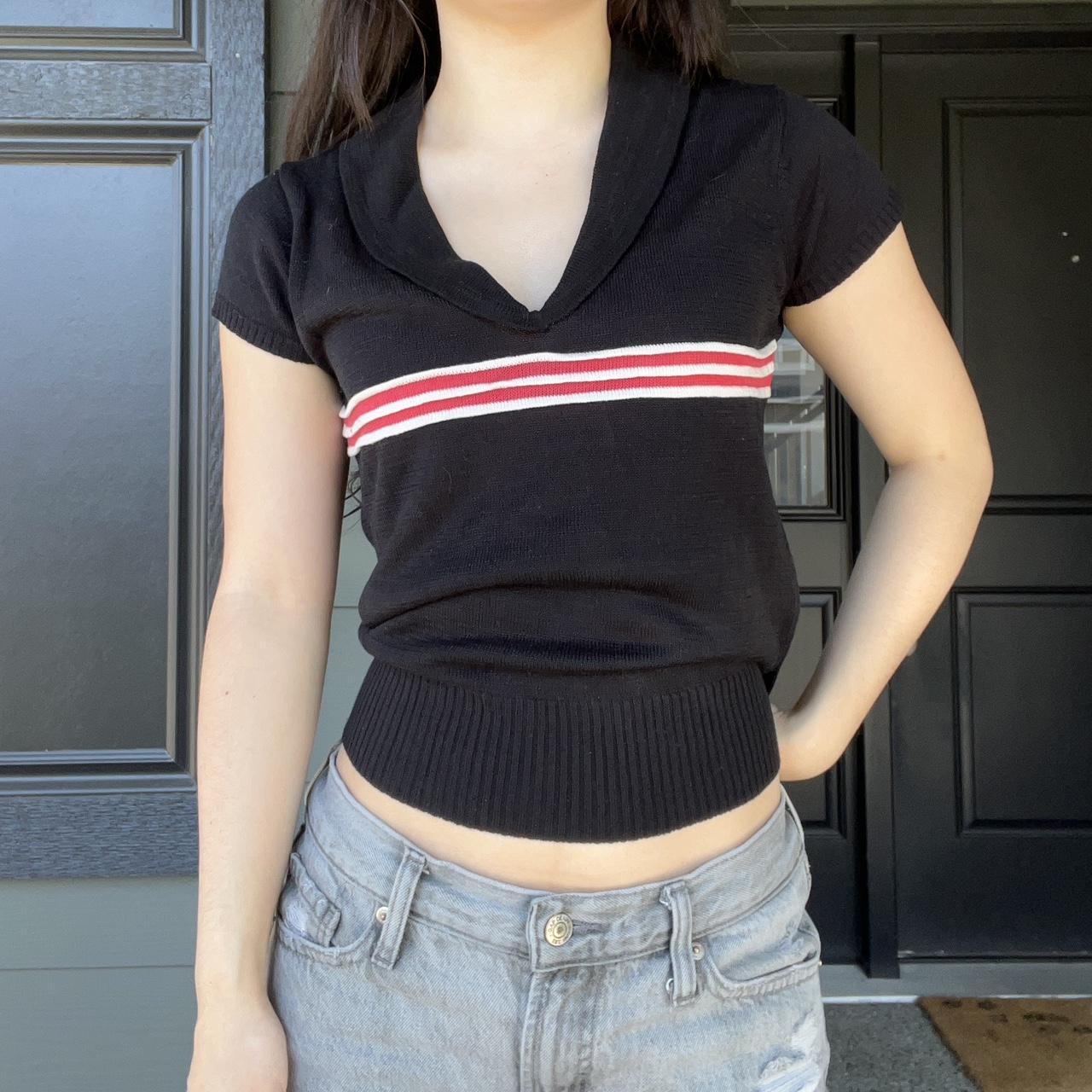 Y2k short sleeve sweater with red stripe Women’s... - Depop