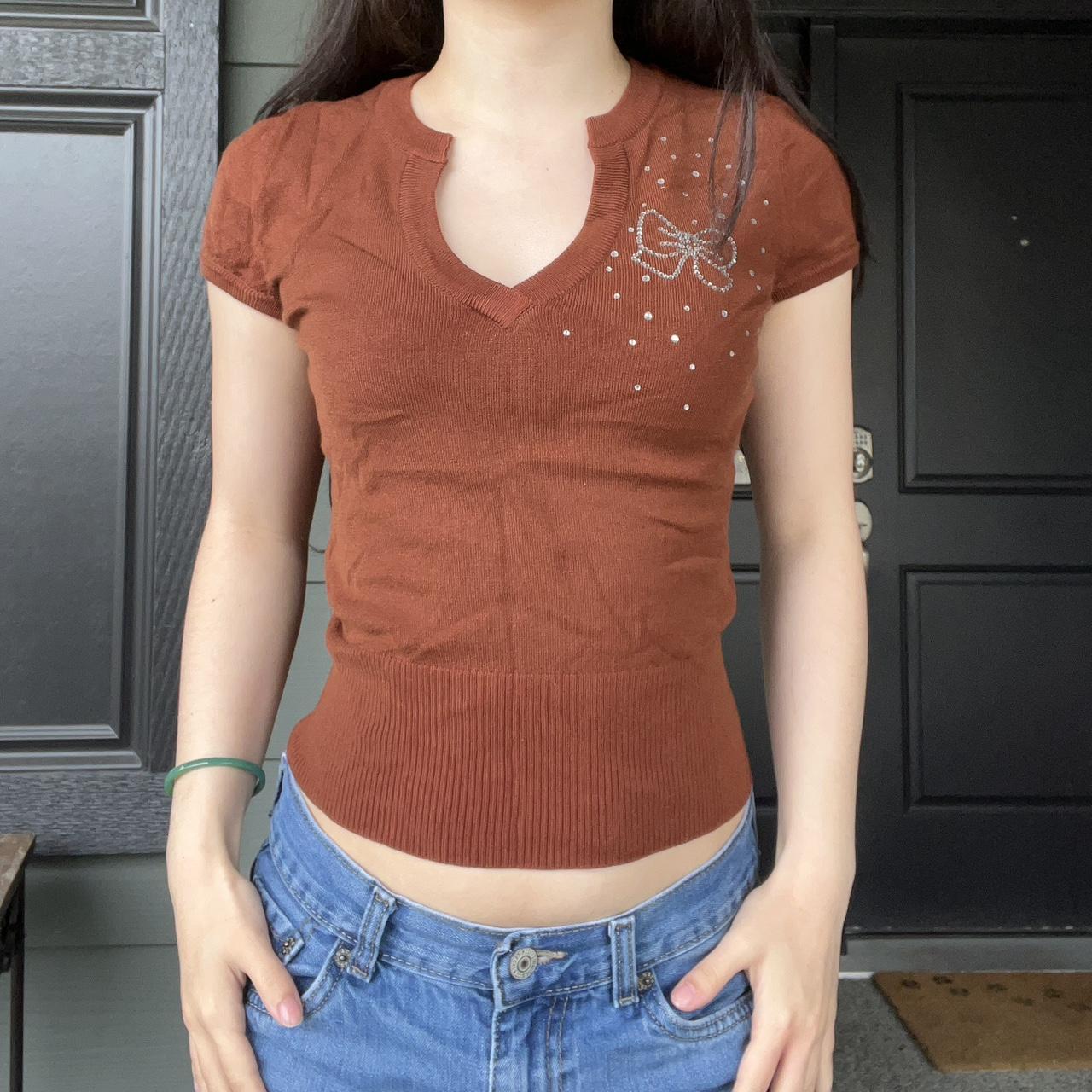 Y2k rusty brown rhinestone sweater top Women’s size... - Depop