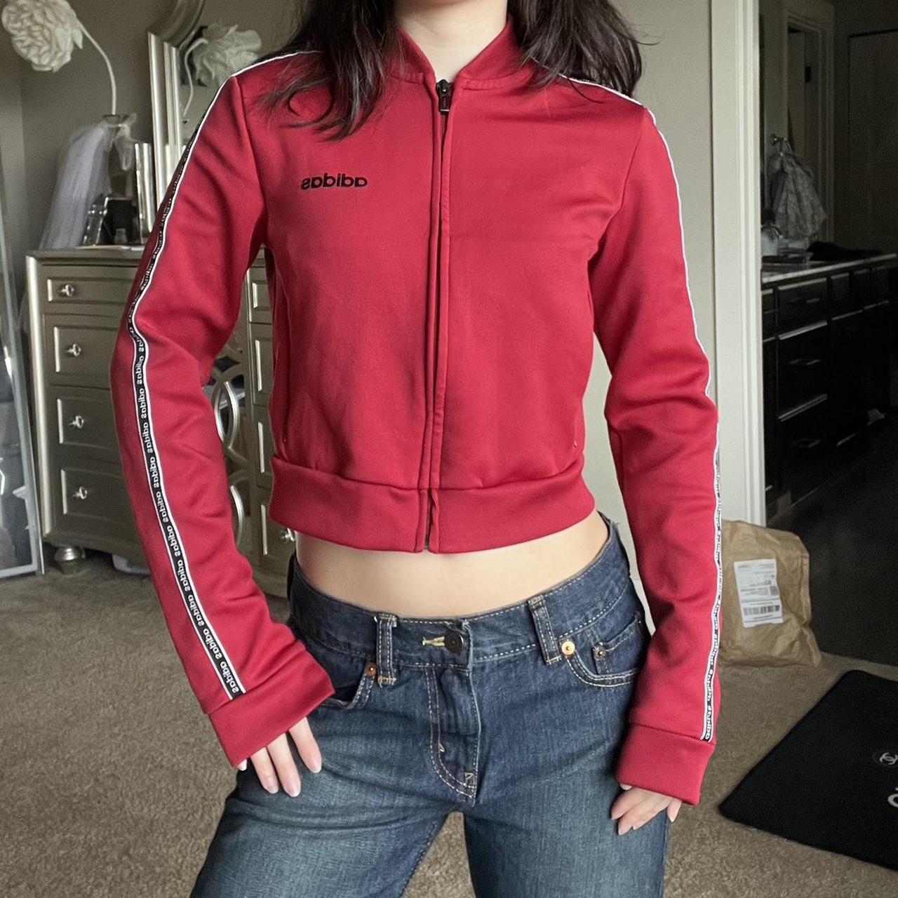 Adidas red cropped track zip up jacket Women’s... - Depop