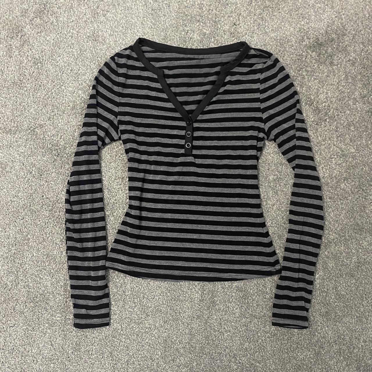 grey and black striped henley -dm w... | Depop