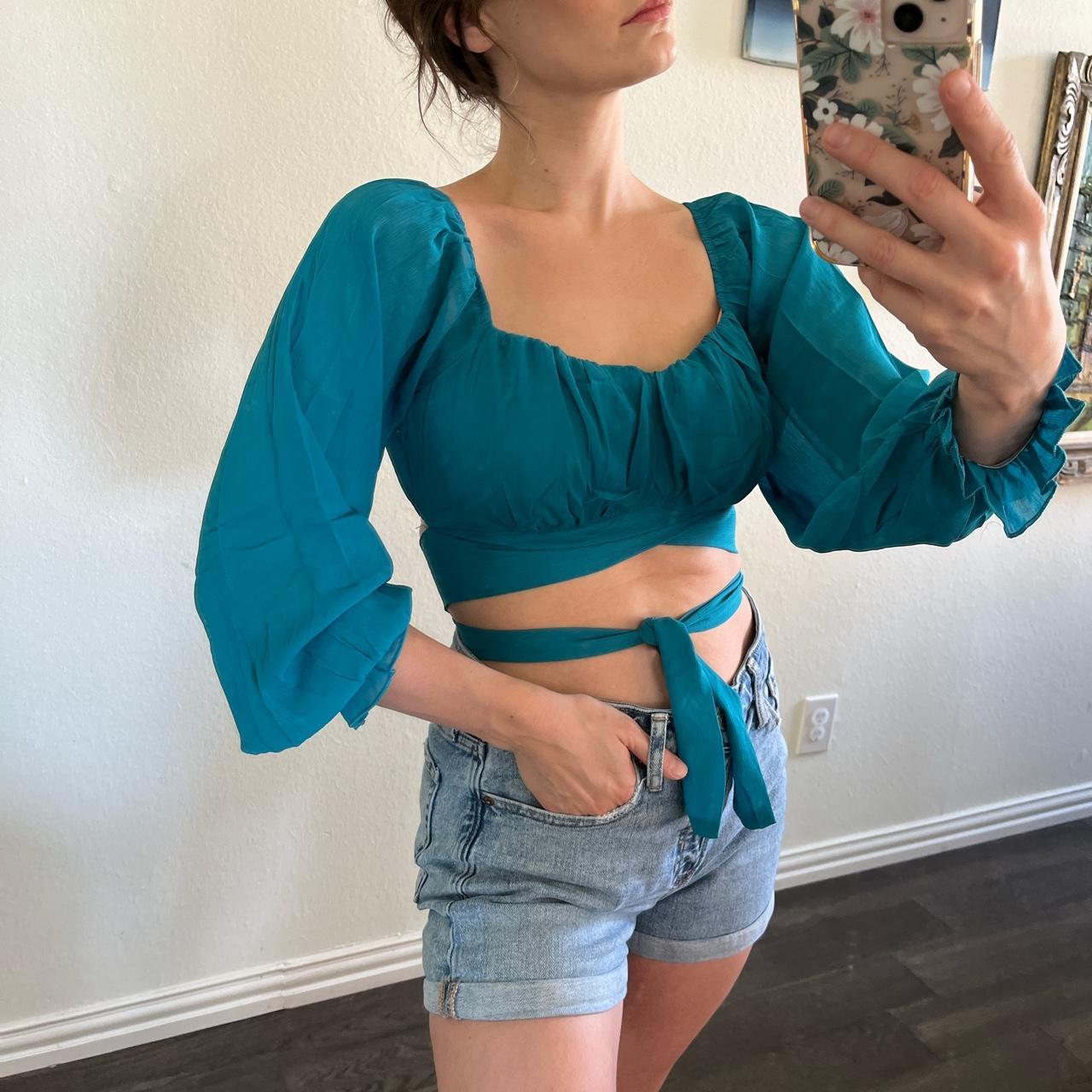 FREE SHIPPING - Rich teal cropped tie waist top from... - Depop
