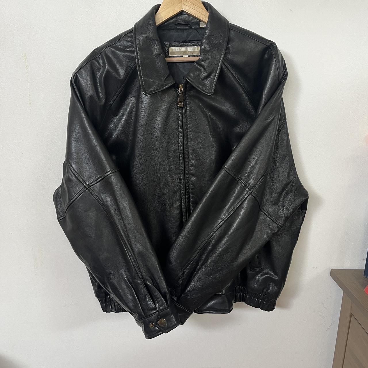 Genuine leather Perry Ellis black bomber jacket... - Depop