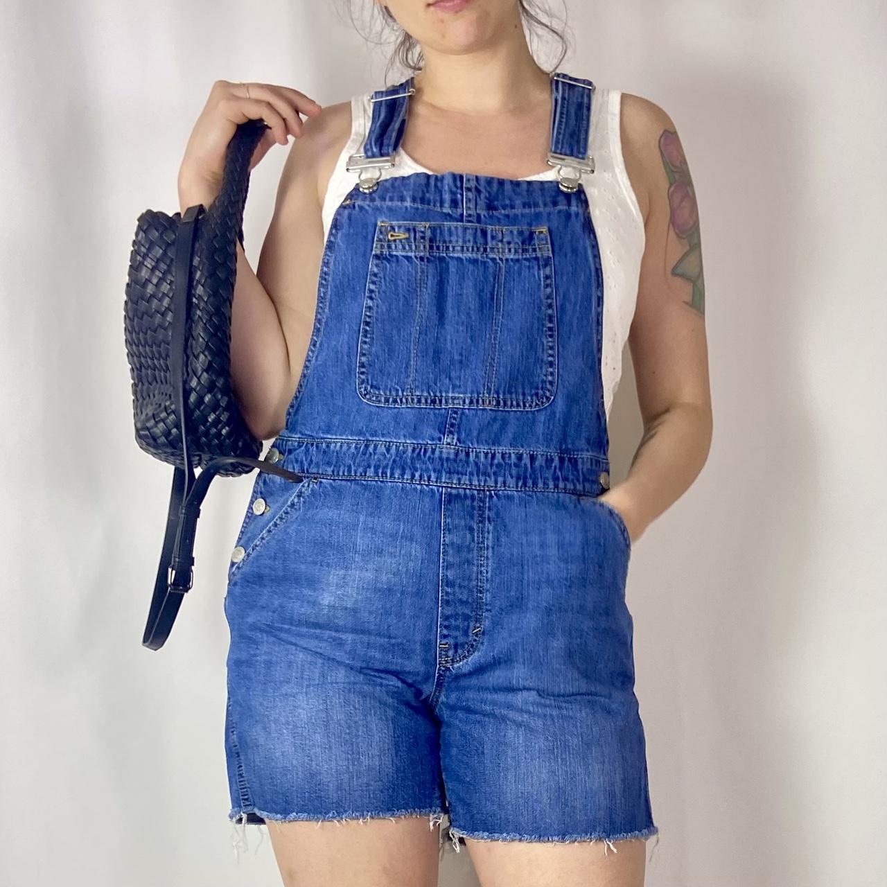 90s denim cut off overalls good condition, no... | Depop