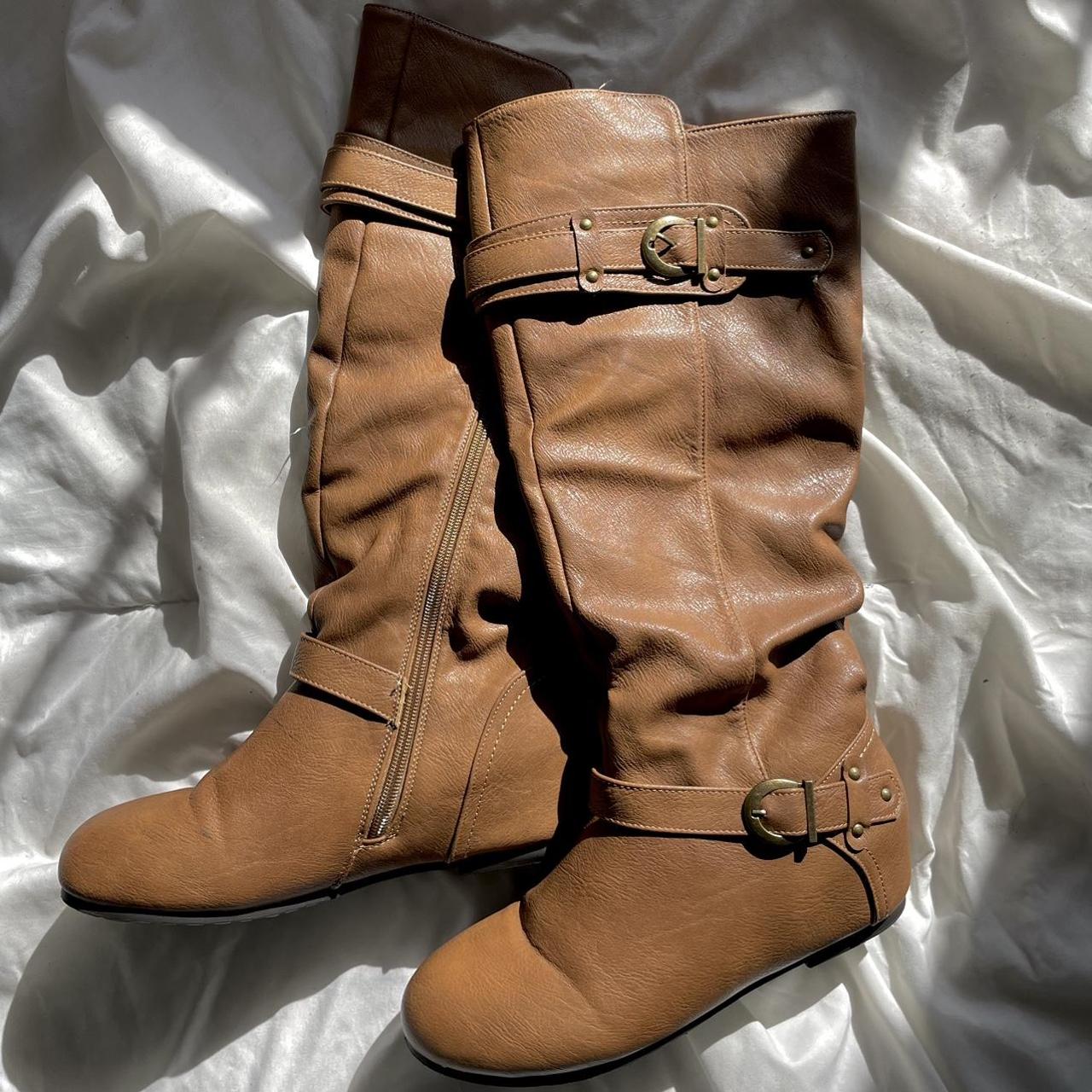 faux leather brown boots cute y2k style bouts fur... - Depop