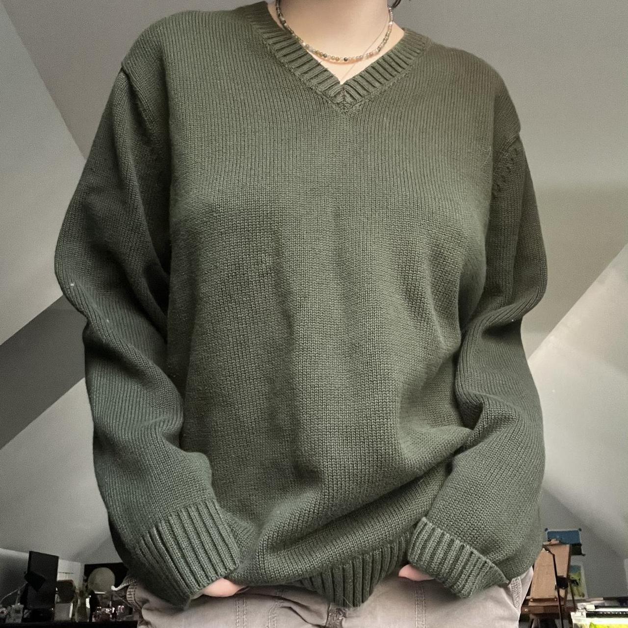 Ll bean green v neck cotton sweater XL Some stains... - Depop