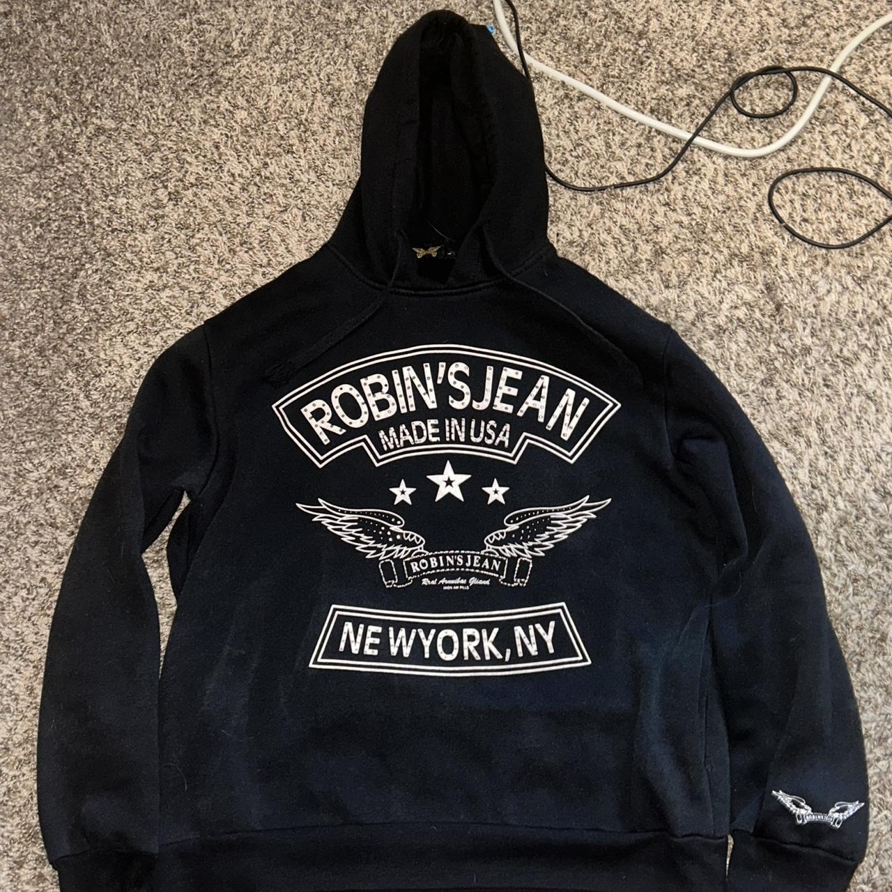 BLACK ROBIN JEANS HOODIE RHINESTONES ON THE LOGO 2... | Depop