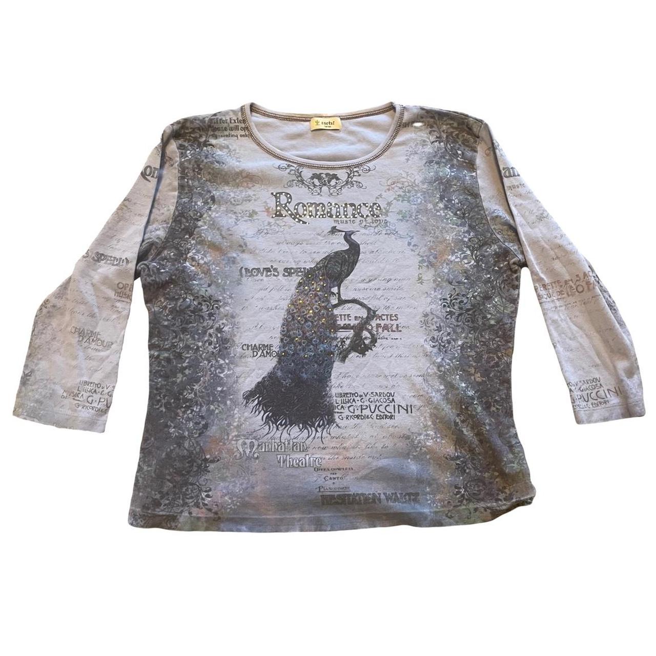 ROMANCE Bluish 3/4 sleeve tee with maximalist script... - Depop