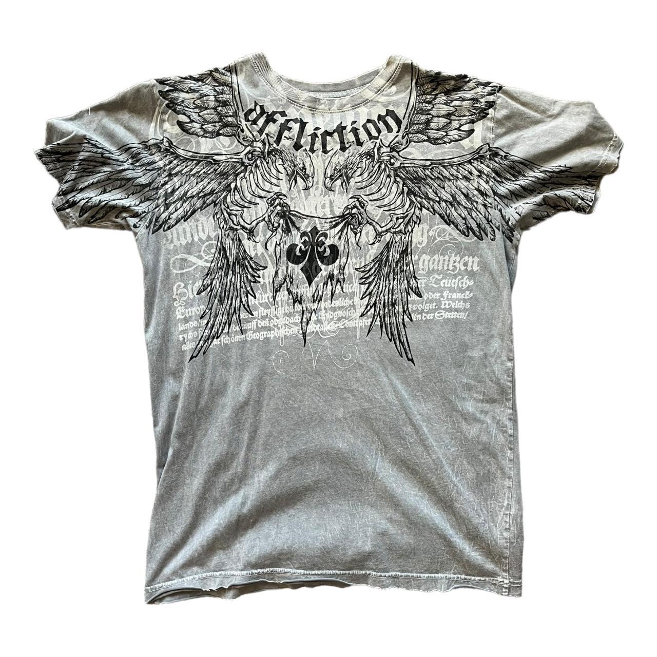 More lowkey grey Affliction t-shirt with skeletal... - Depop