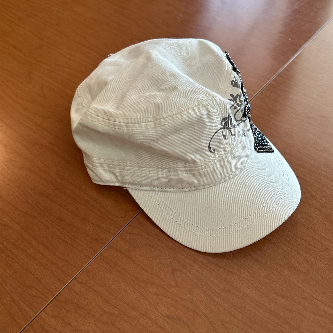 vintage women’s white y2k hat with black rhinestone... - Depop