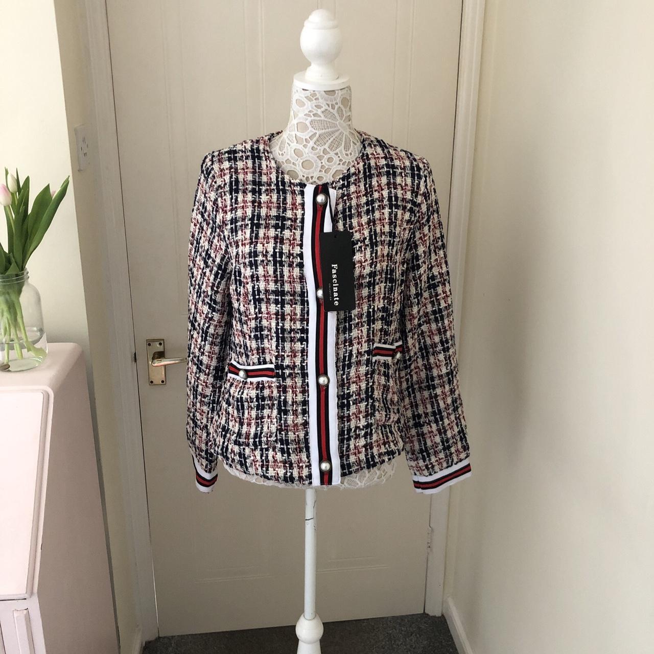 Fascinate Tweed box jacket with stripe webbing and... - Depop