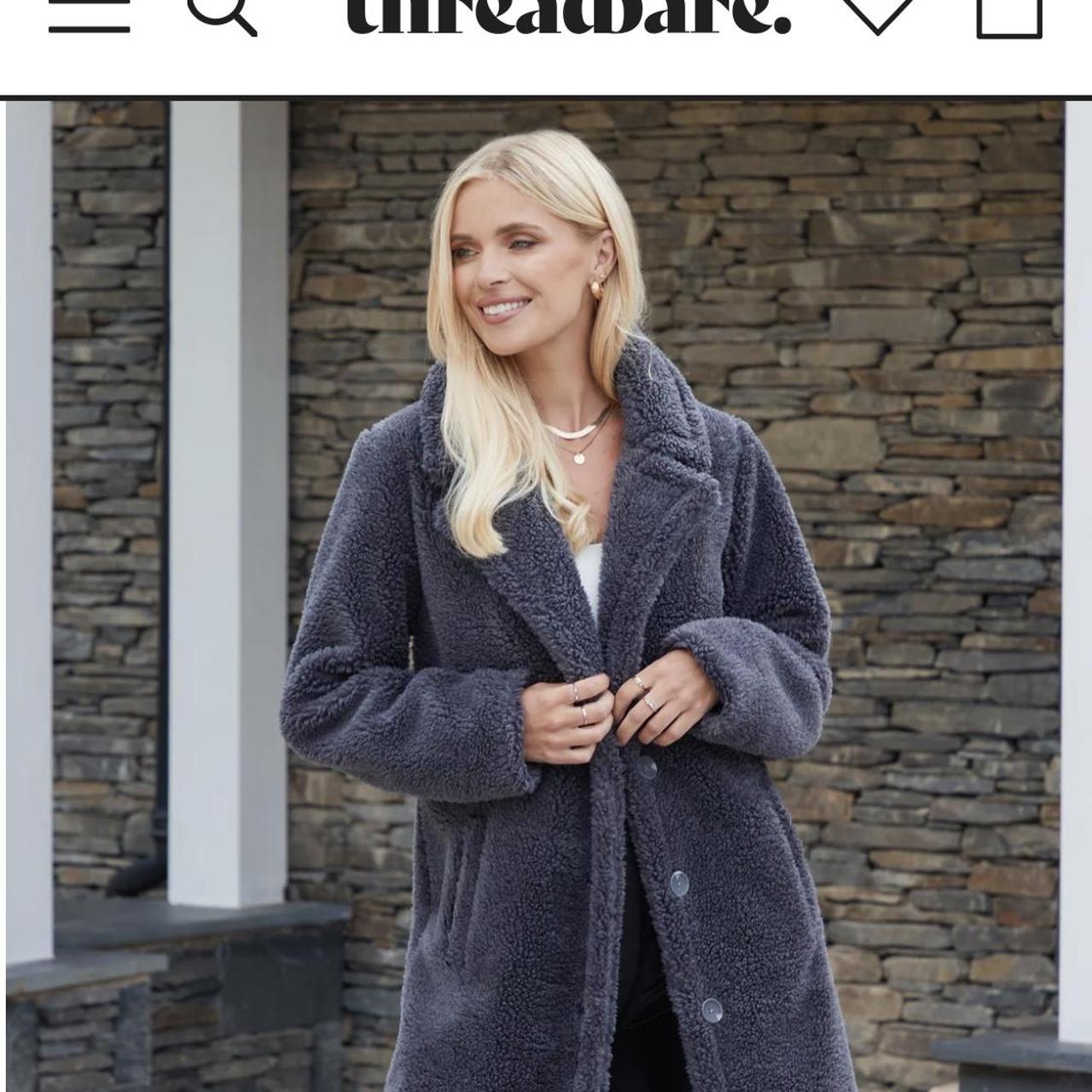 Threadbare steel grey teddy bear long coat Button... - Depop