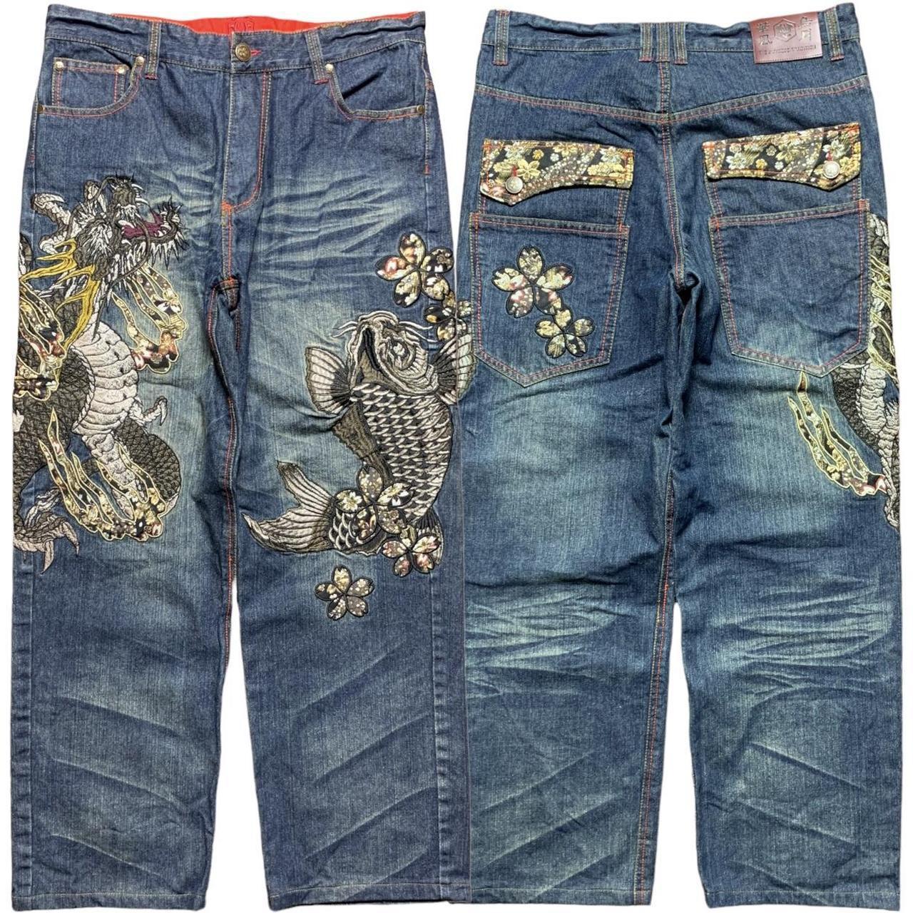 Embroidered Dragon + Koi Fish Japanese Denim... - Depop