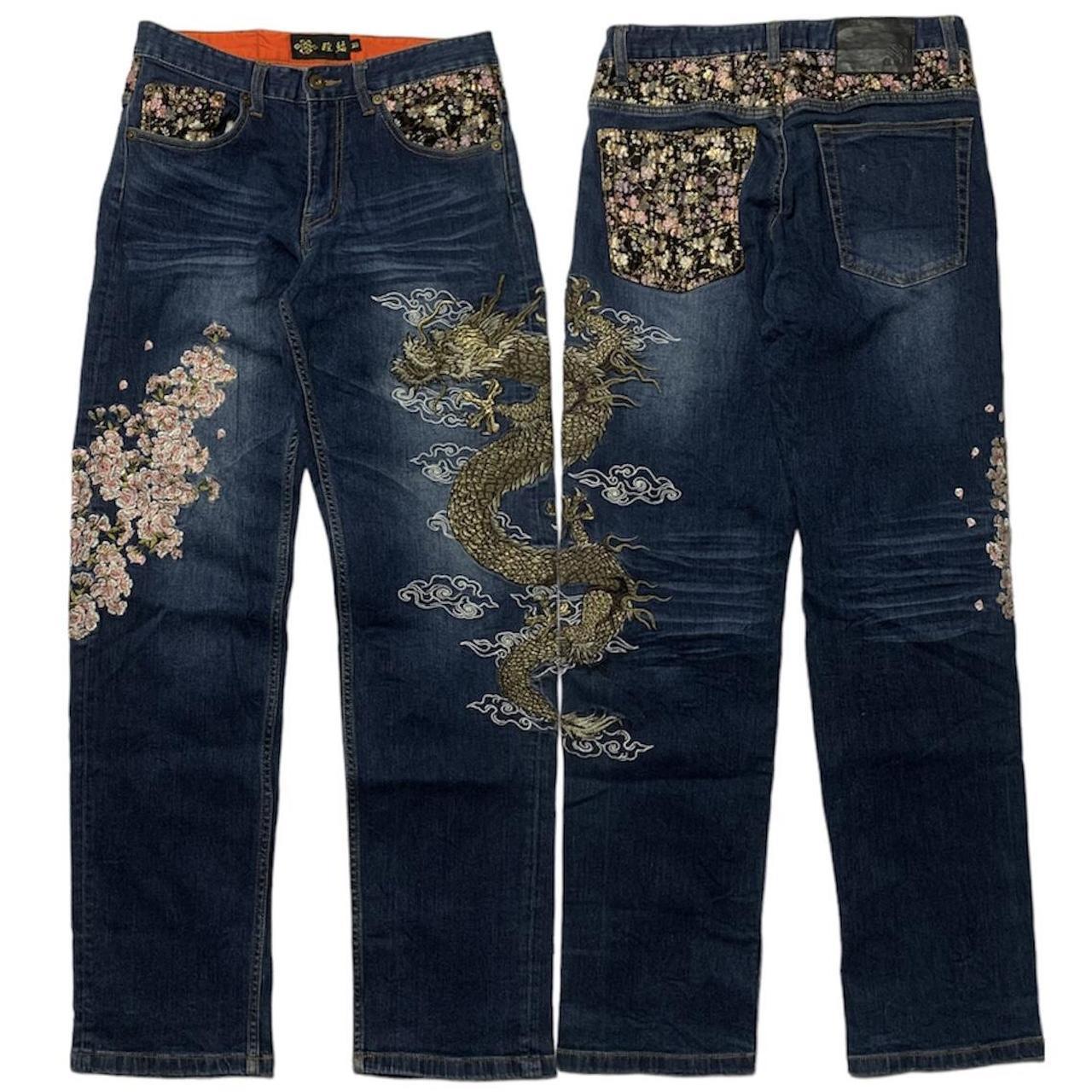 Japenese Embroidered Dragon Japanese Denim Jeans -... - Depop