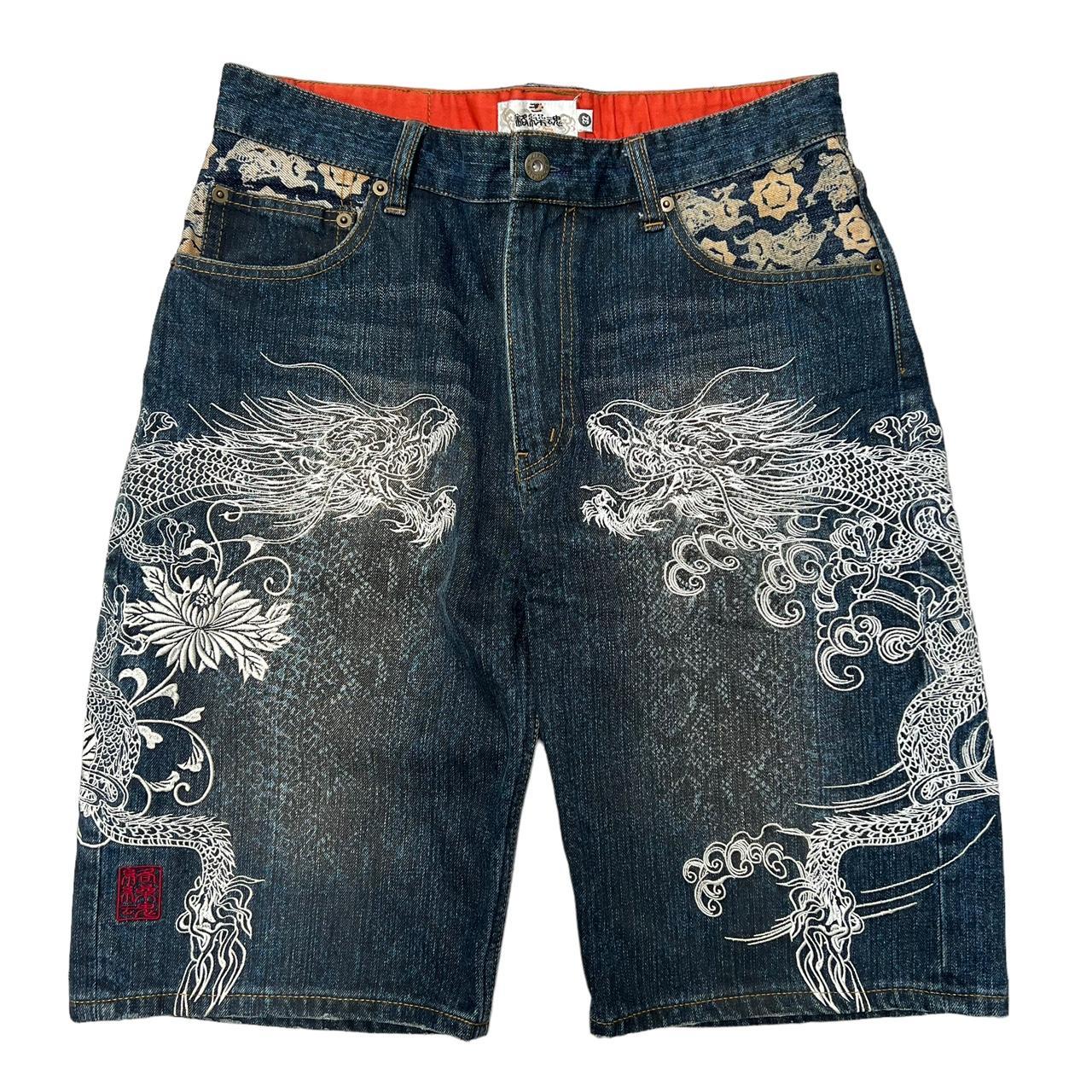 Karakuri Embroidered Dragon Denim Shorts / Jorts -... - Depop
