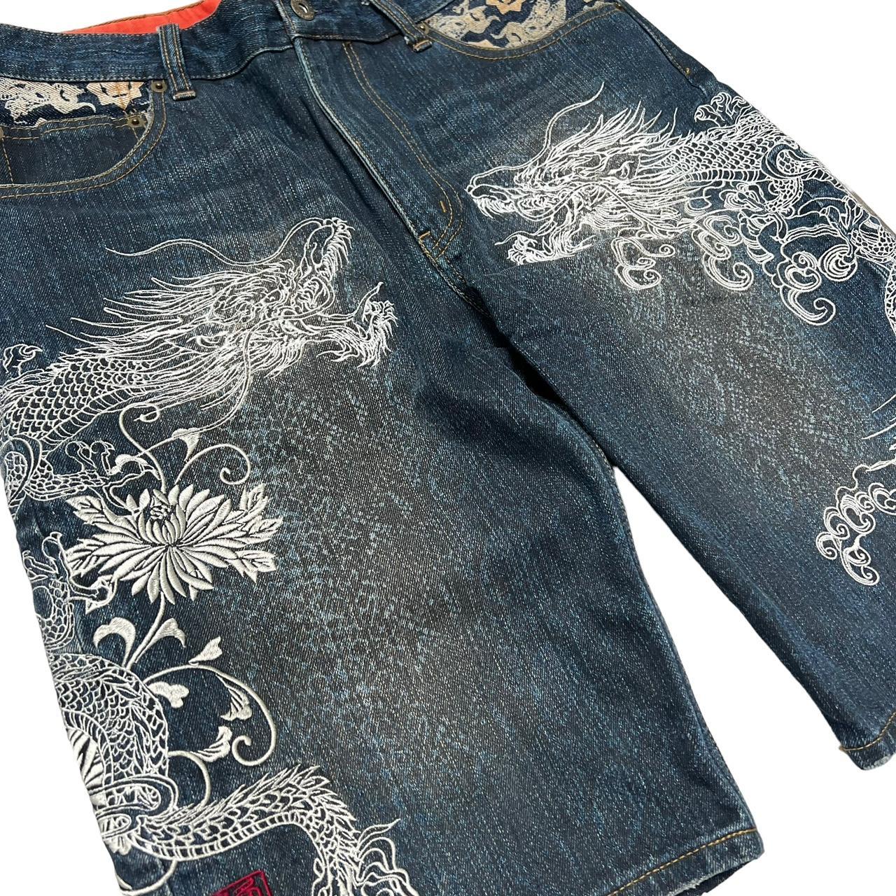 Karakuri Embroidered Dragon Denim Shorts / Jorts -... - Depop