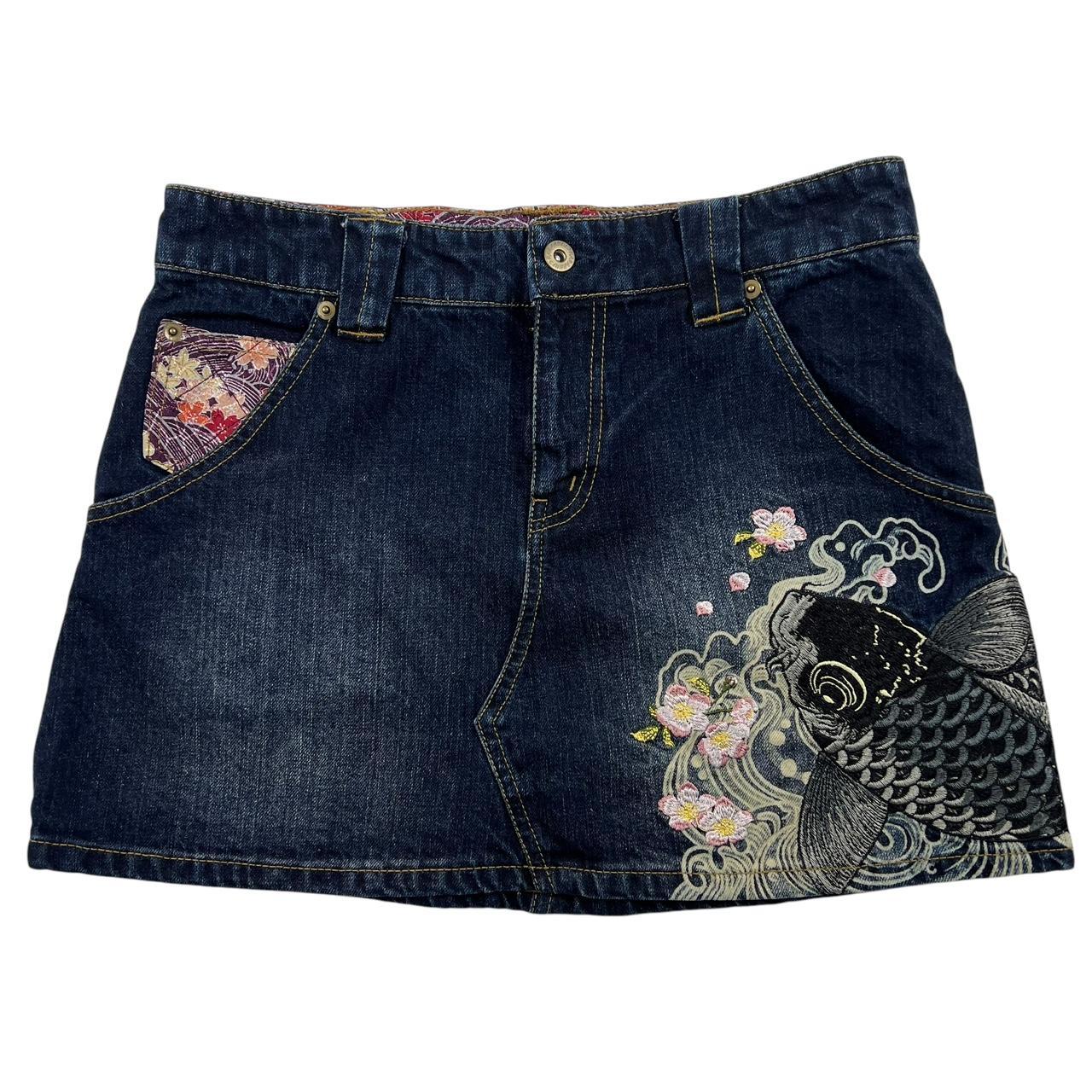 Vintage Karakuri Embroidered Koi Fish Denim Skirt -... | Depop