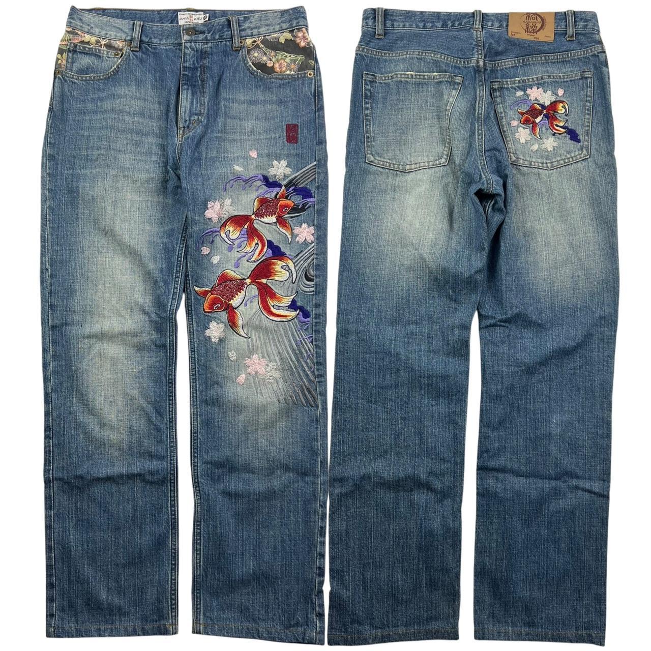 Vintage Karakuri Embroidered Koi Fish Japanese Denim... | Depop