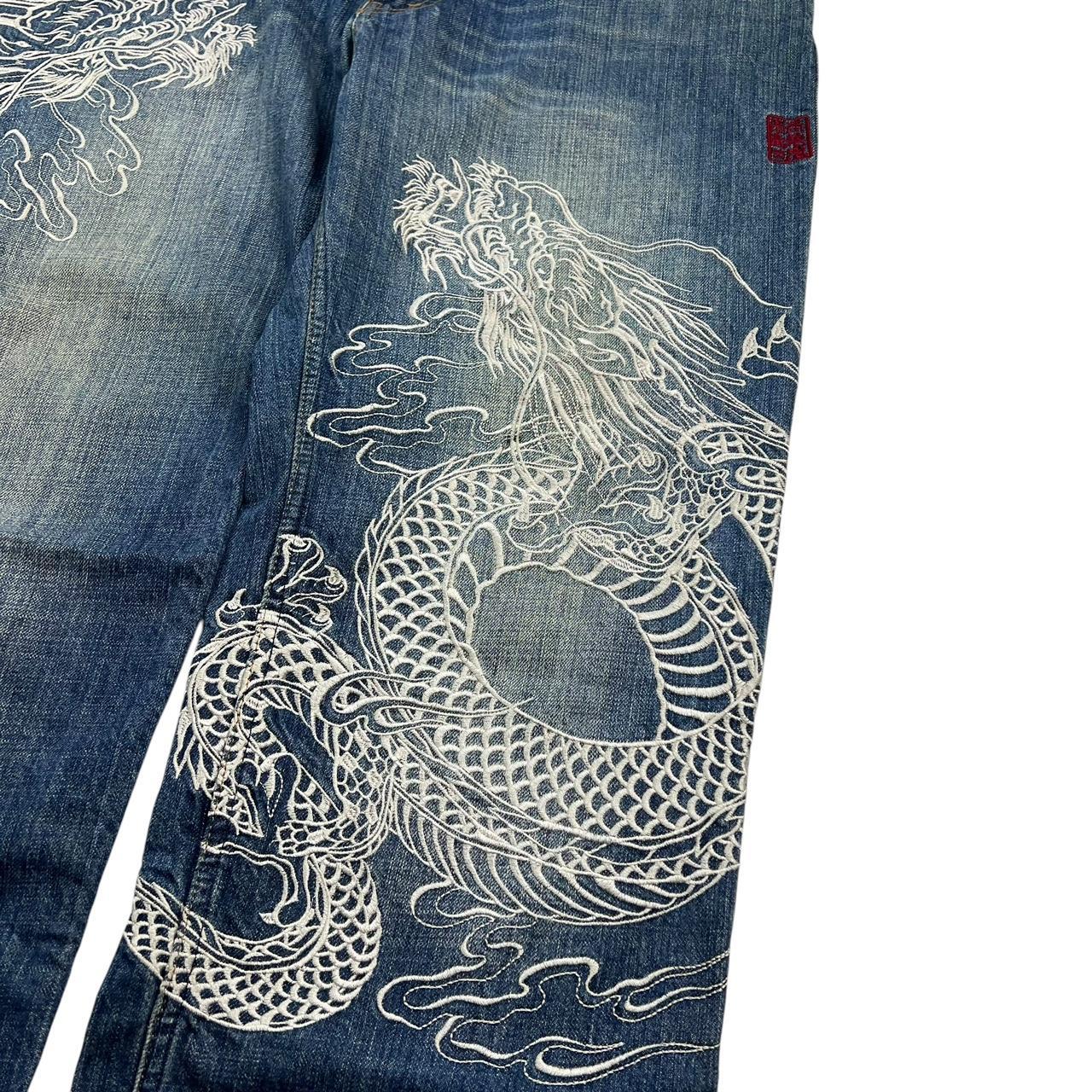 Vintage Karakuri Embroidered Dragon Japanese Denim... | Depop