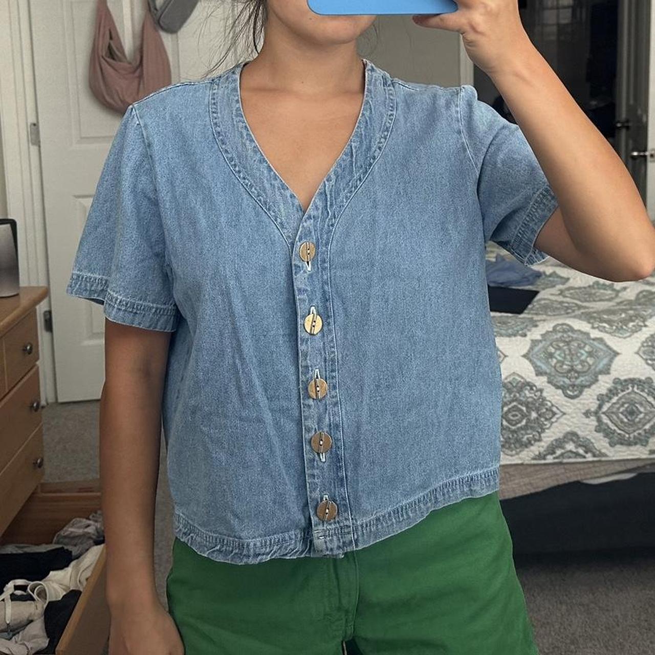 Vintage denim short sleeve button up shirt Size 10... - Depop