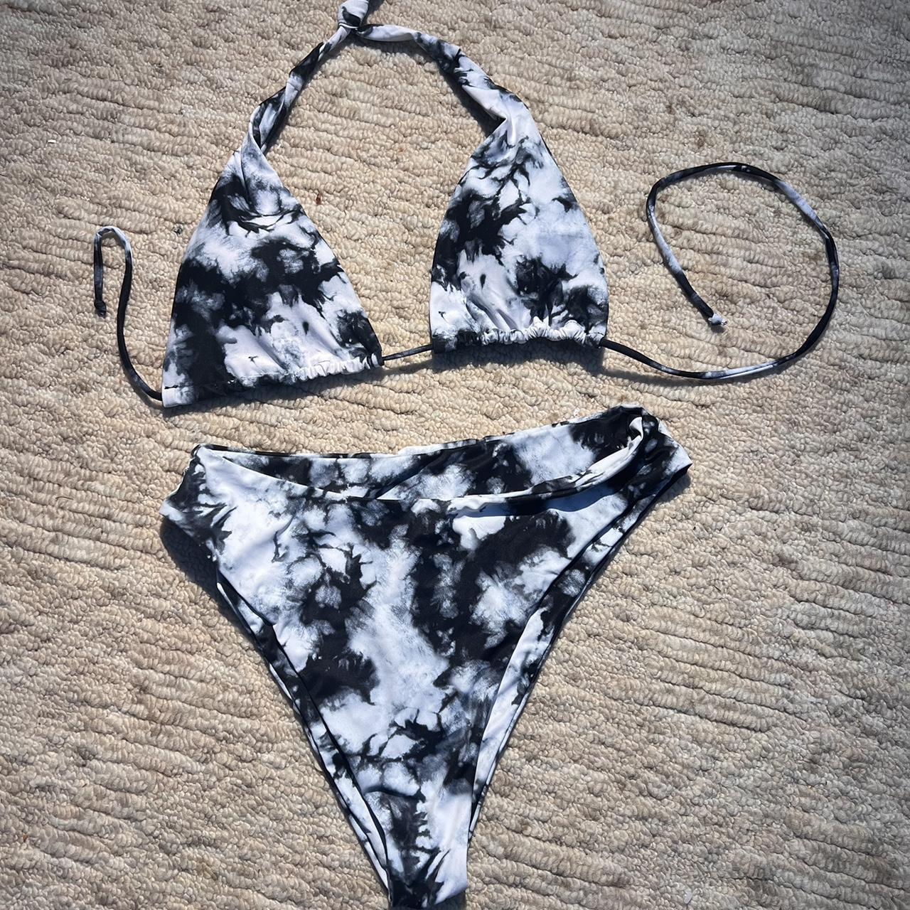 Tie die black and white bikini set which high... - Depop