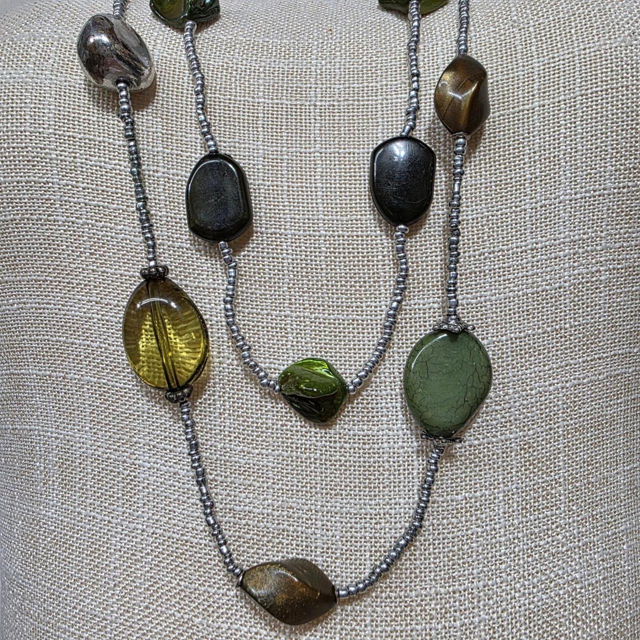 Multi Strand Beaded Necklace Earth Tones Green Brown... | Depop