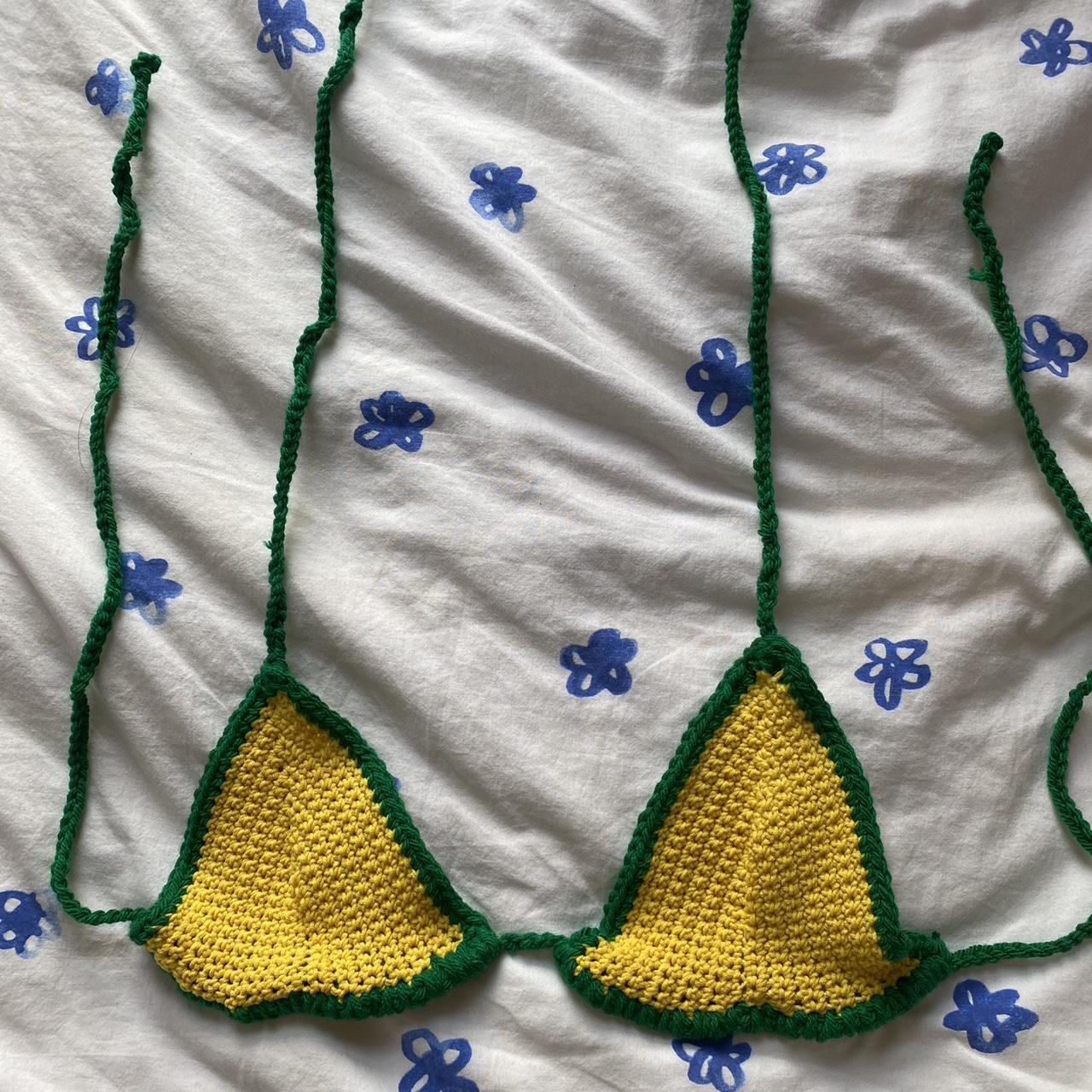 Brazilian green and yellow hand crocheted bikini top... - Depop