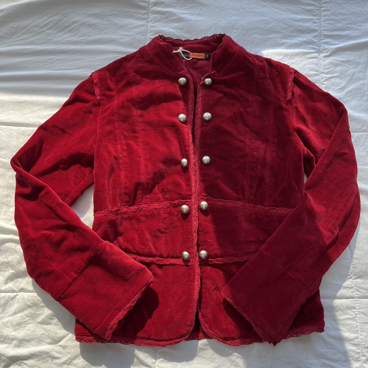 Vintage red velvet jacket with lace detail and... - Depop
