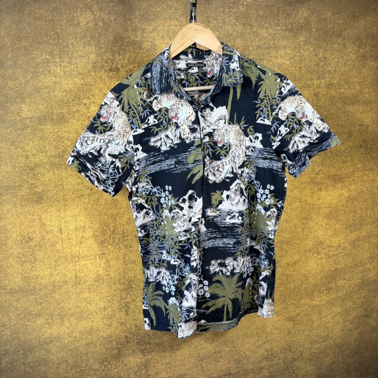 Tiger palm tree black all over print medium Hawaiian... | Depop