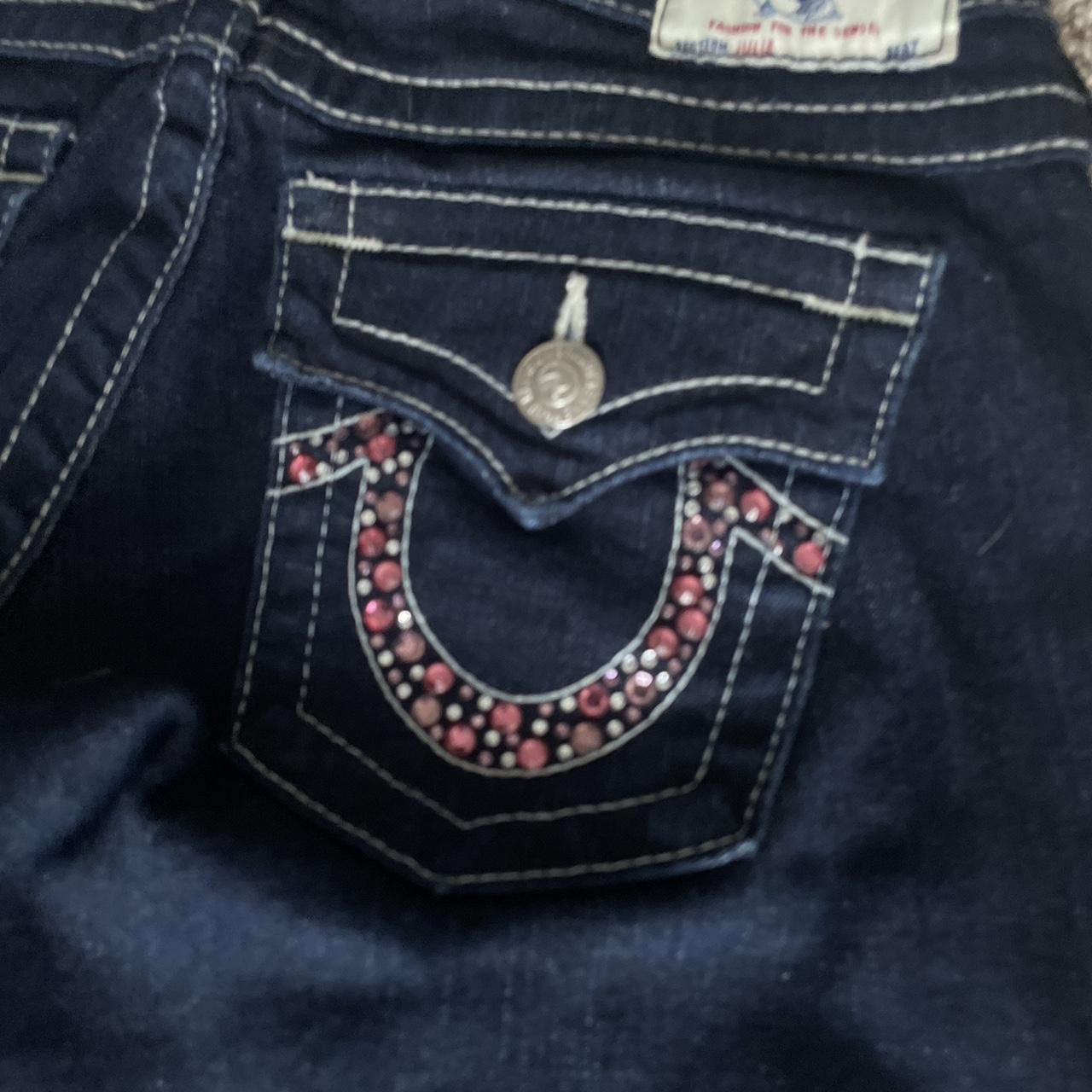 true religion pink rhinestone jeans with white... | Depop