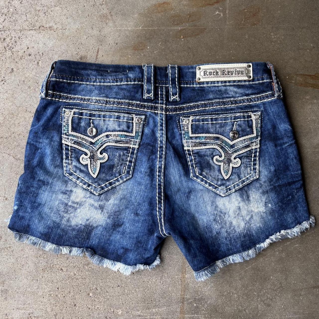 rock revival denim shorts W34 rise is 9.5” lightly... - Depop