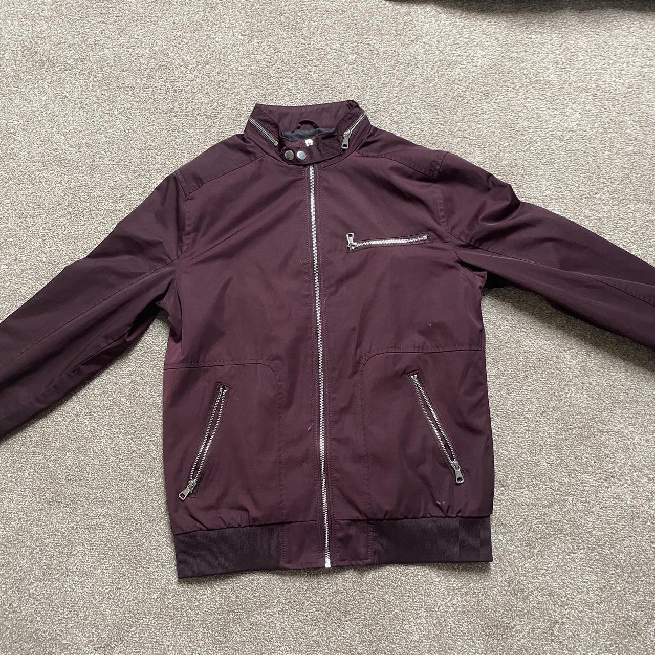 Burgundy River Island bomber jacket with metal zips - Depop