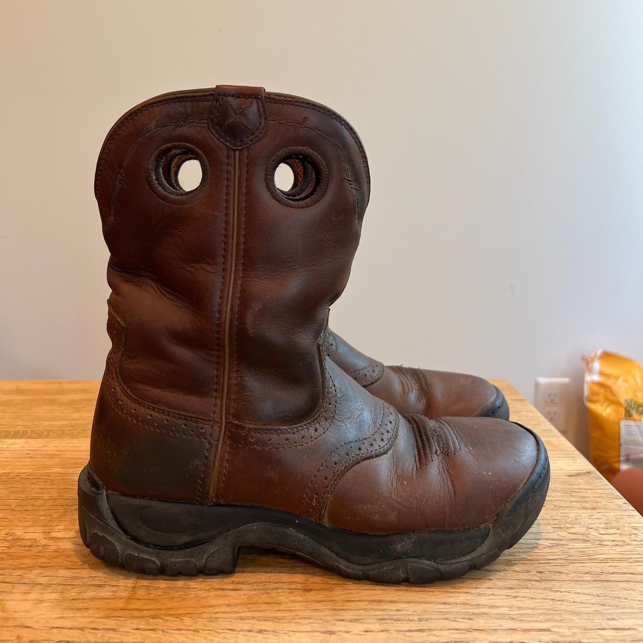 Brown leather Ariat cowboy boots with square toe... - Depop