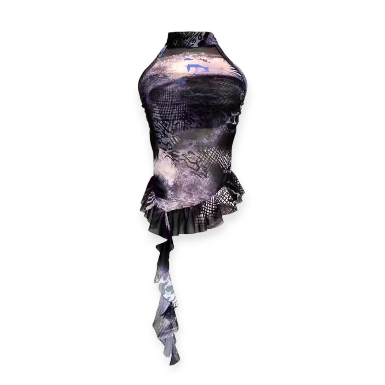 2000s y2k punk digital print mesh top Size M See... - Depop