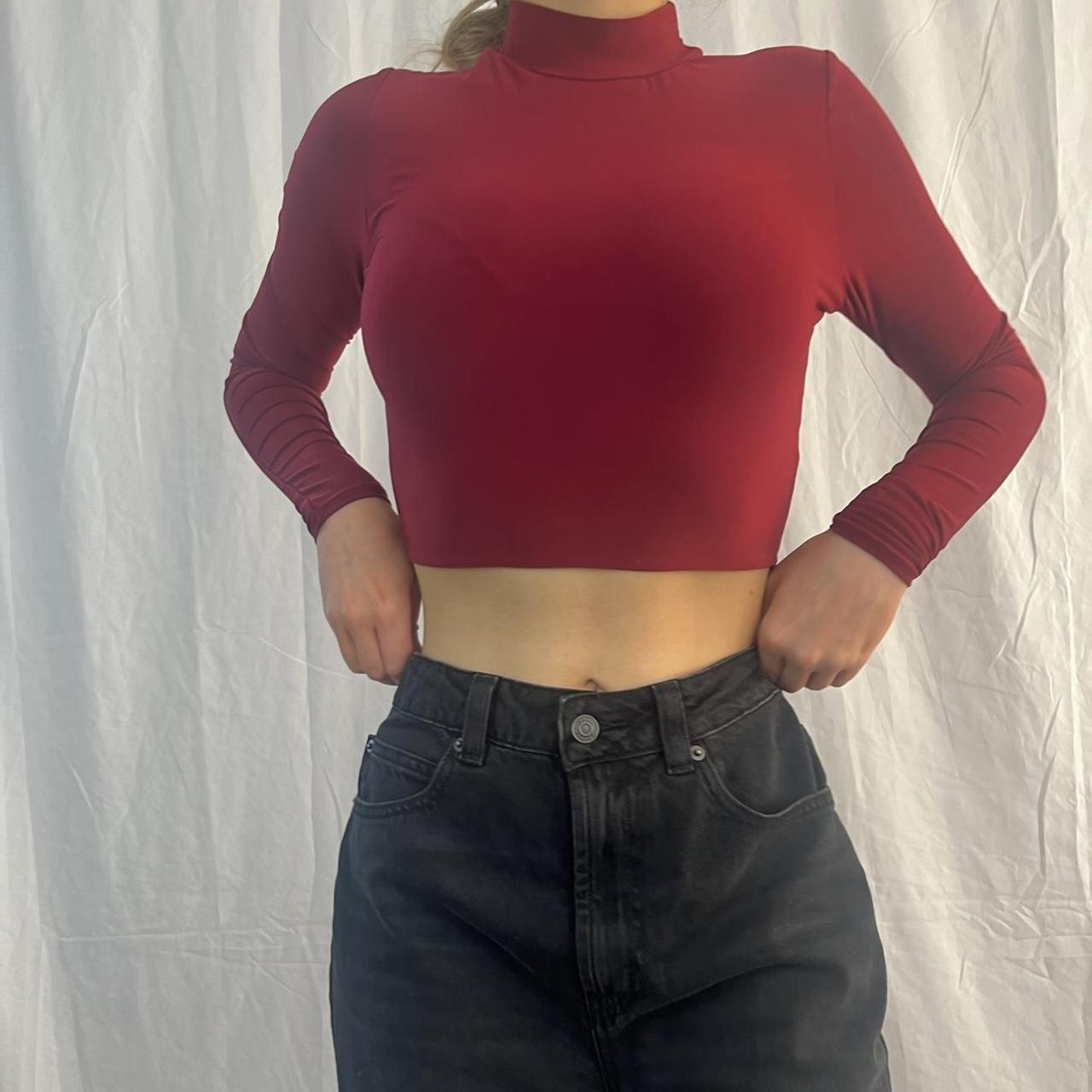 Long sleeve high neck slinky crop top in deep red.... - Depop