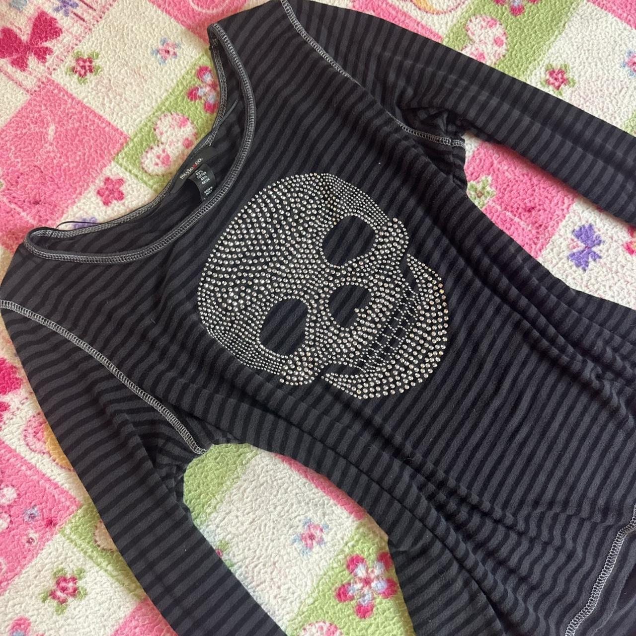 Gray and black stripe emo long sleeve with bedazzled... - Depop