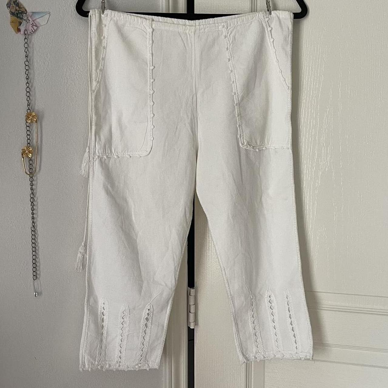 no tag, white/creme cotton/linen tie detail capris... - Depop