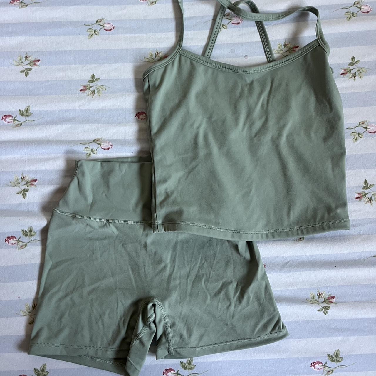 sea foam green workout set. shorts and top! labeled... - Depop
