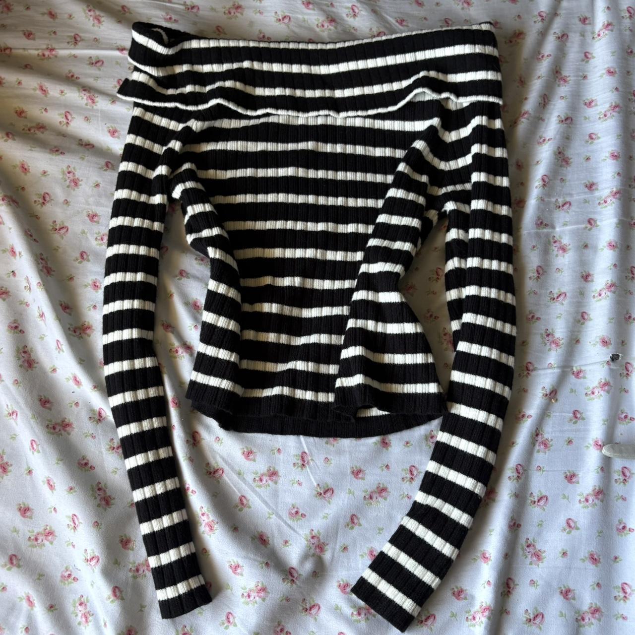 Black & white striped fold over off the shoulder... | Depop