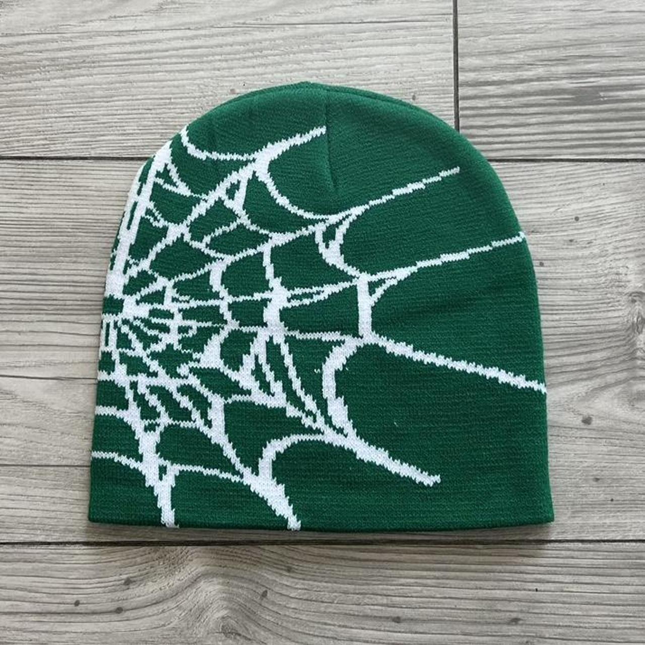 Green and white spider web beanie Green hat , white... - Depop