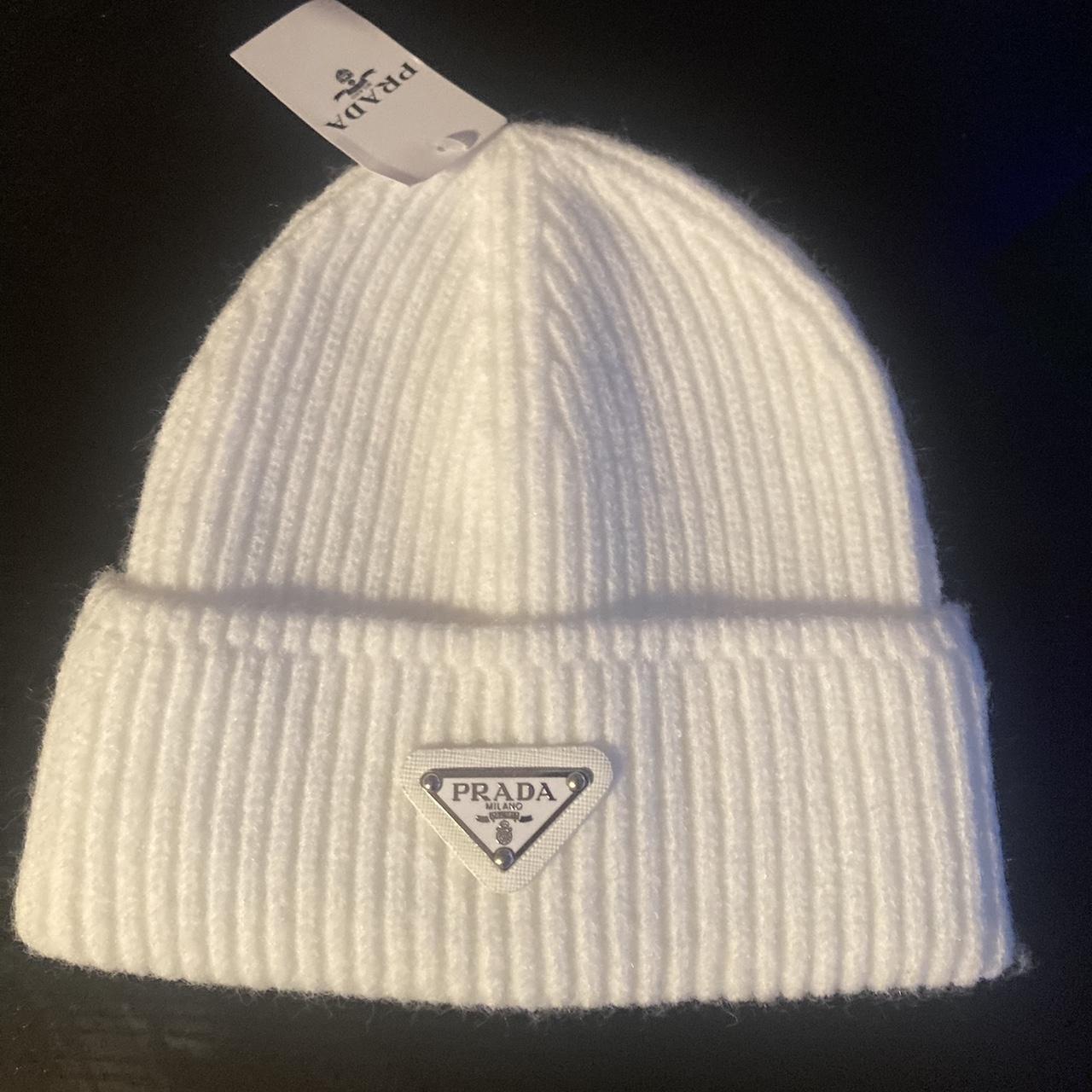 white prada beanie i’ve had for a while. tried it on... - Depop